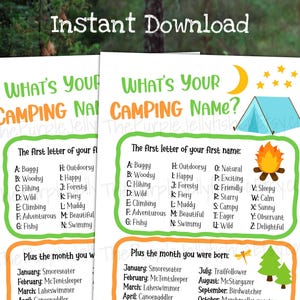 What's Your Camping Name Game Printable Camping Party Idea, Camping ...