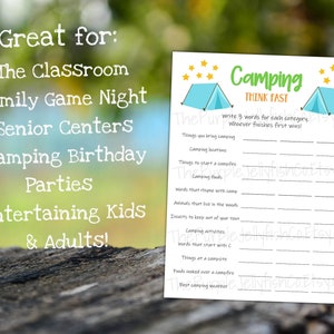 Camping Think Fast Game, Camping Party Game Printable Camping Themed ...