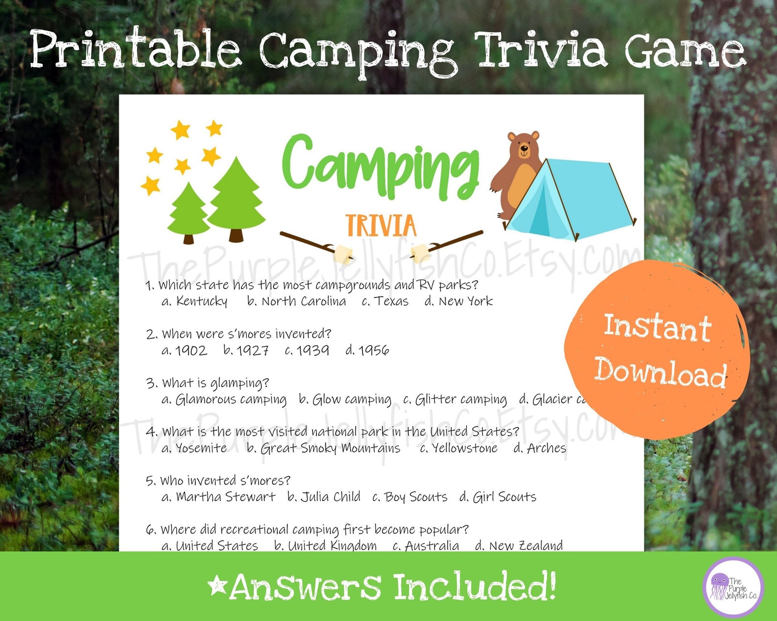 Camping Trivia Game, Camping Game Printable, Trivia Questions, Camping ...