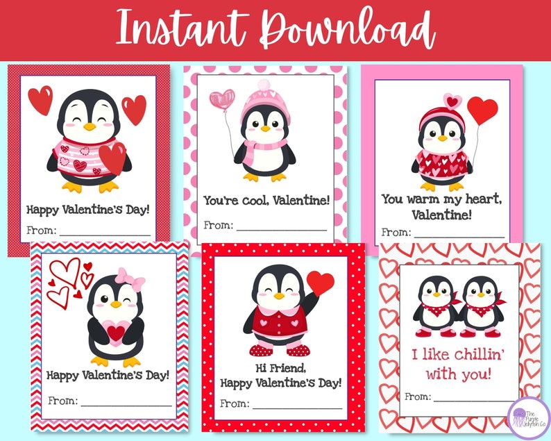 Penguin Valentine Cards for Kids, Printable Valentines for Classroom ...