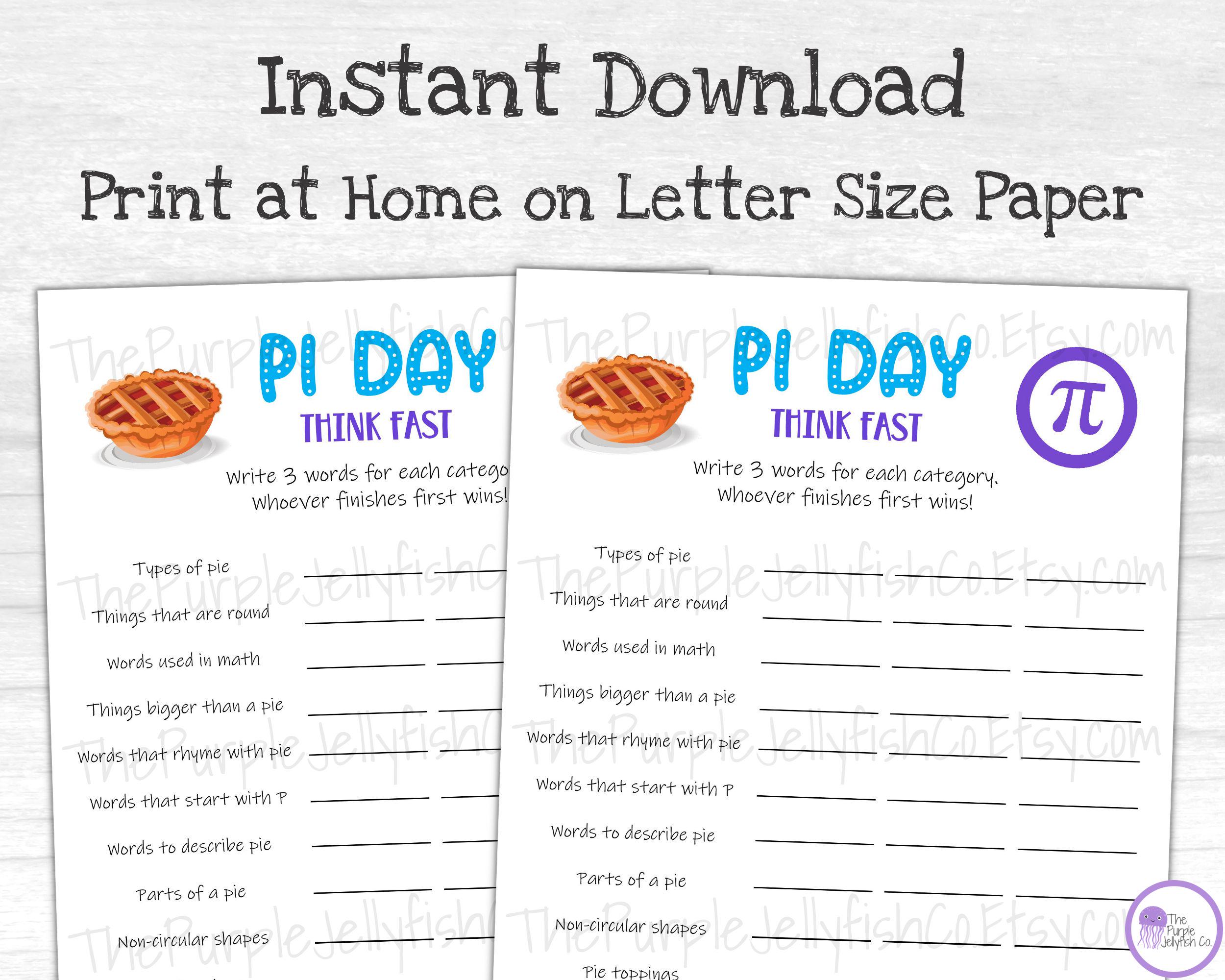 Pi Day Think Fast Game for Kids, Pi Day Activity Printable, Pi Day ...