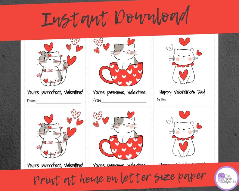 Cat Valentines Cards for Kids Printable, Cute Animal Valentines for ...