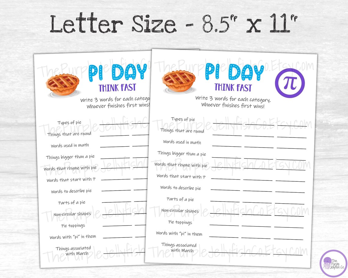 Pi Day Party Game for Kids and Adults, Think Fast Game, Printable Games ...