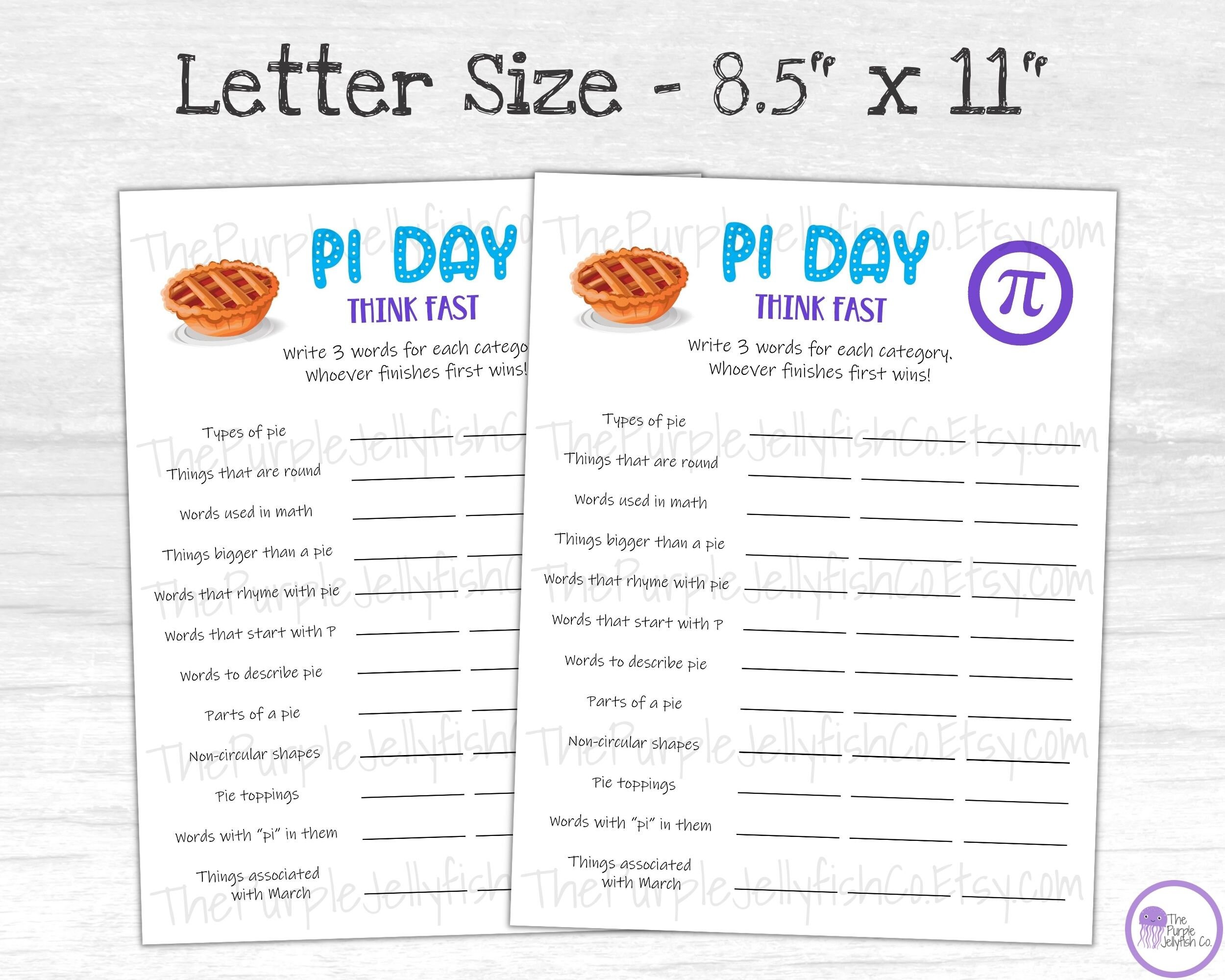 Pi Day Party Game for Kids and Adults, Think Fast Game, Printable Games ...
