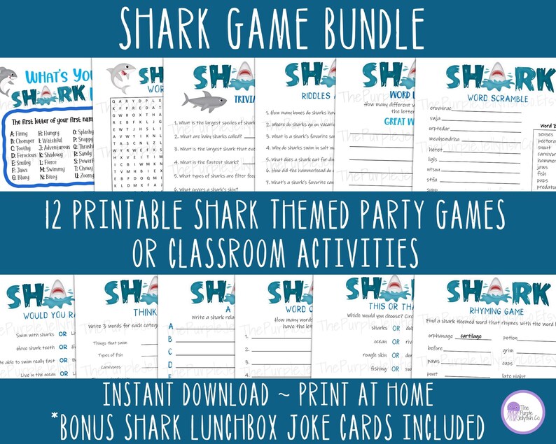 Shark Games Bundle, Shark Birthday Party Ideas, Shark Week Games, Shark ...