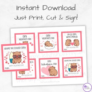 Capybara Valentine Cards for Kids Classroom, Printable Valentines Tag ...