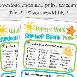 What's Your Summer Break Name, Summer Name Game Printable, Last Day of ...