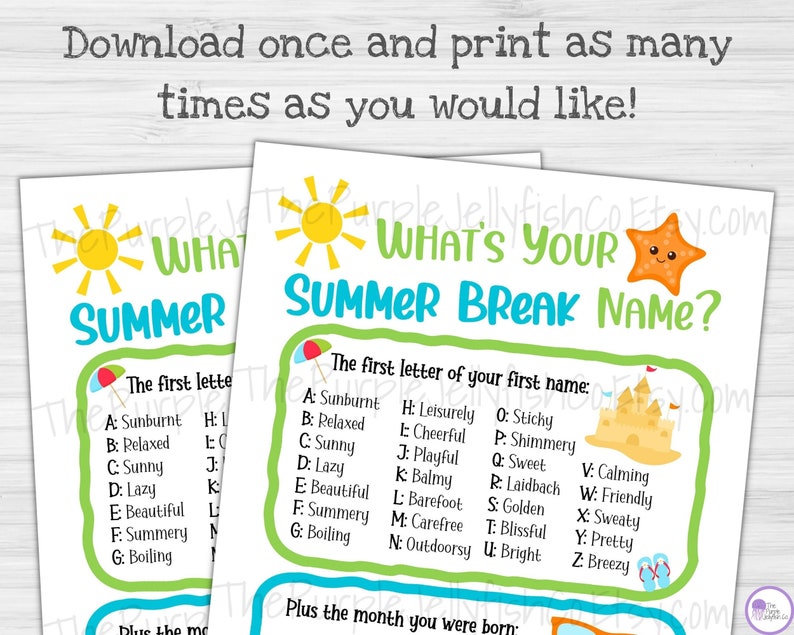 What's Your Summer Break Name, Summer Name Game Printable, Last Day of ...