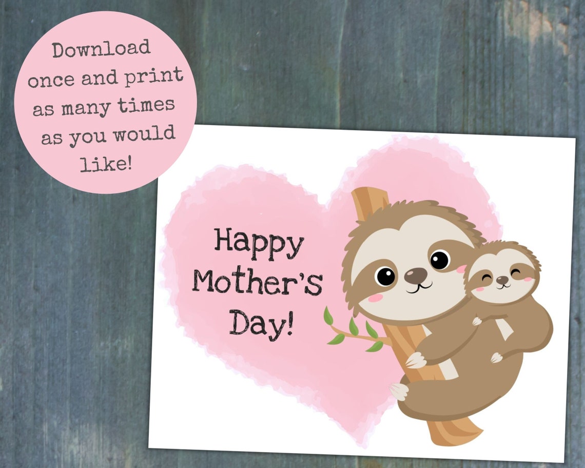 Mom and Baby Sloth Mother's Day Card, Printable Mother's Day Card, Cute ...