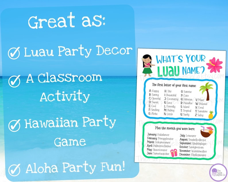 What's Your Luau Name Game + Tags, Hawaiian Party Decoration, Tropical ...