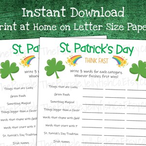 St Patricks Day Think Fast Game for Kids, St Patricks Party Idea, Saint ...