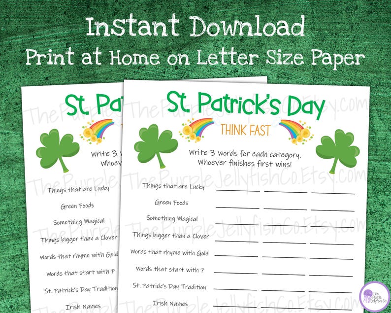 St Patricks Day Think Fast Game for Kids, St Patricks Party Idea, Saint ...