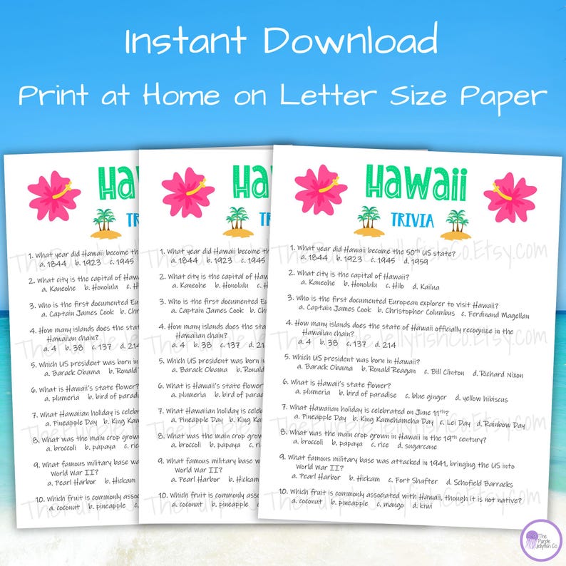 Hawaii Trivia Game Printable Luau Party Idea, Hawaiian Themed Quiz ...