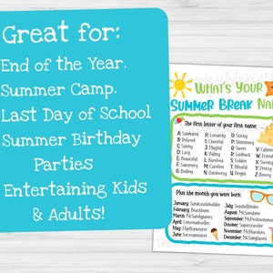 What's Your Summer Break Name Game, Summer Party Decoration, Last Day ...