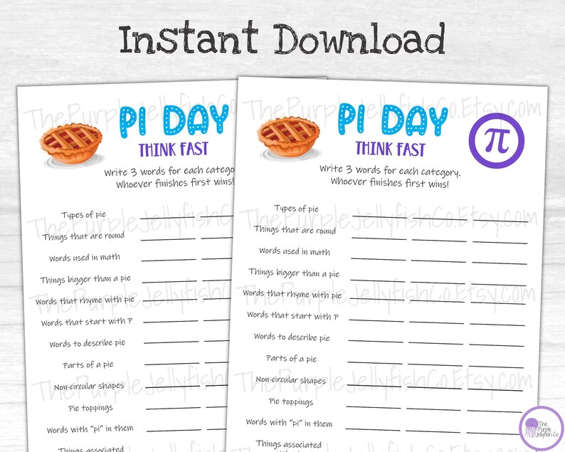 Pi Day Party Game for Kids and Adults, Think Fast Game, Printable Games ...