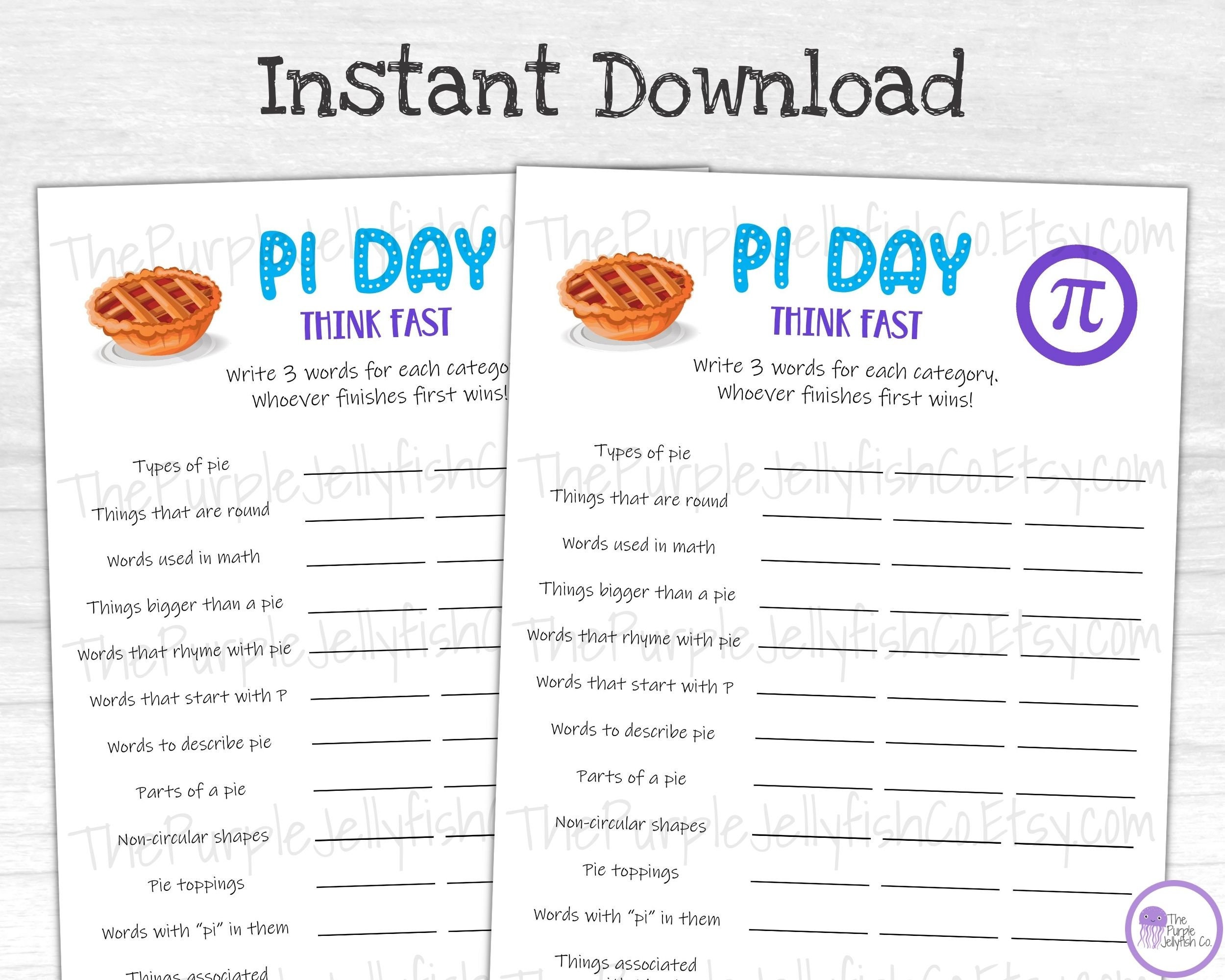Pi Day Party Game for Kids and Adults, Think Fast Game, Printable Games ...
