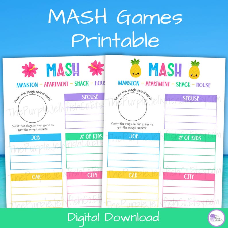 MASH Game Printable Tropical Party Idea for Kids Tweens & Teens, Fun ...
