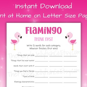 Flamingo Printable Think Fast Game for Kids Flamingo Birthday Party ...