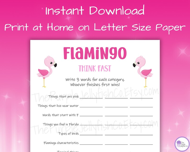 Flamingo Printable Think Fast Game for Kids Flamingo Birthday Party ...