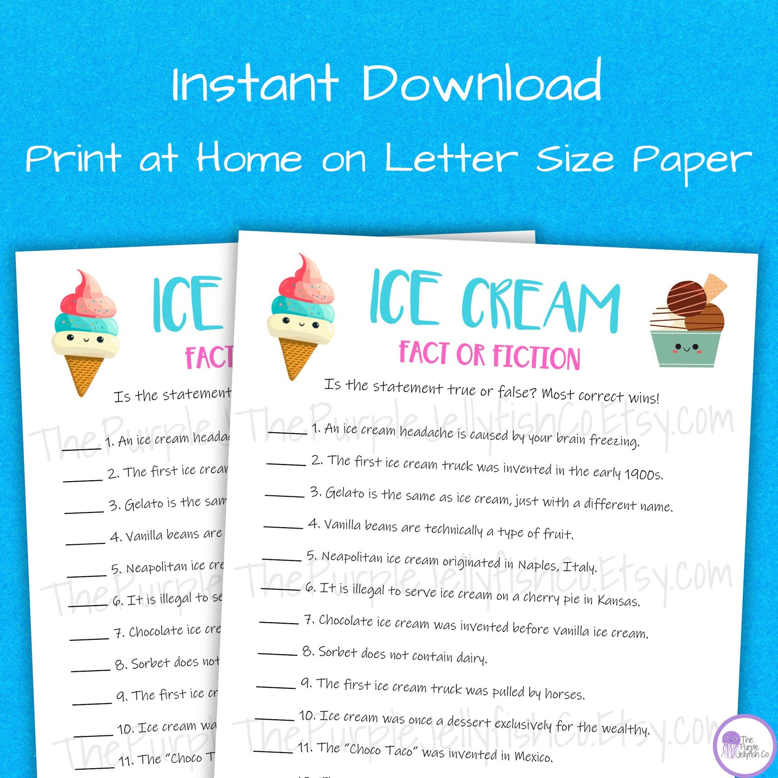 Ice Cream Trivia Game Printable Fact or Fiction Party Game for Kids ...