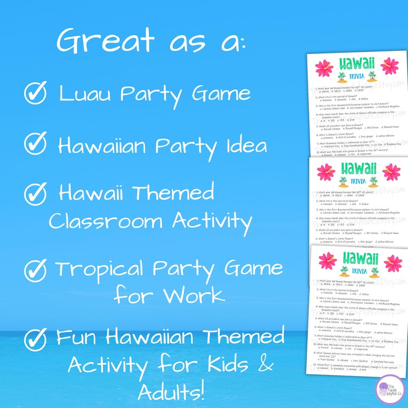 Hawaii Trivia Game Printable Luau Party Idea, Hawaiian Themed Quiz ...