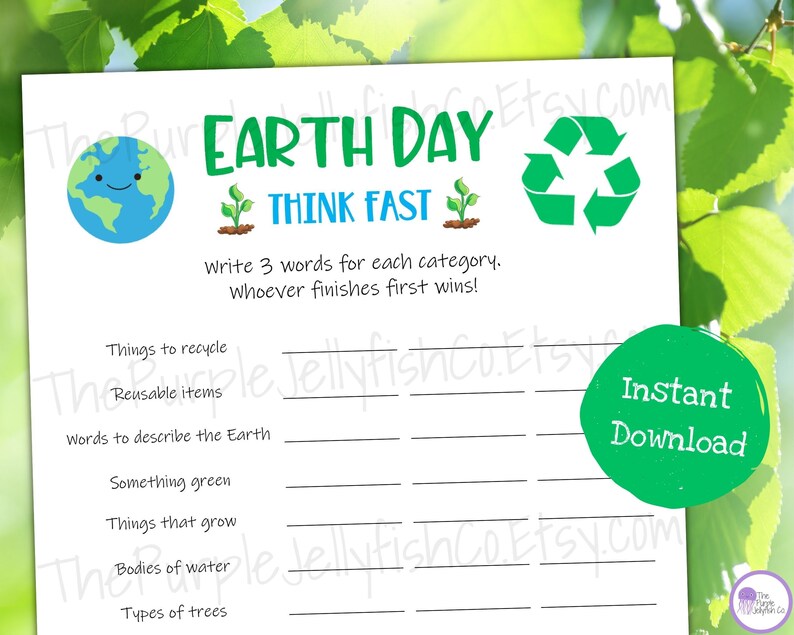 Earth Day Think Fast Game Earth Day Printable for Kids Earth - Etsy