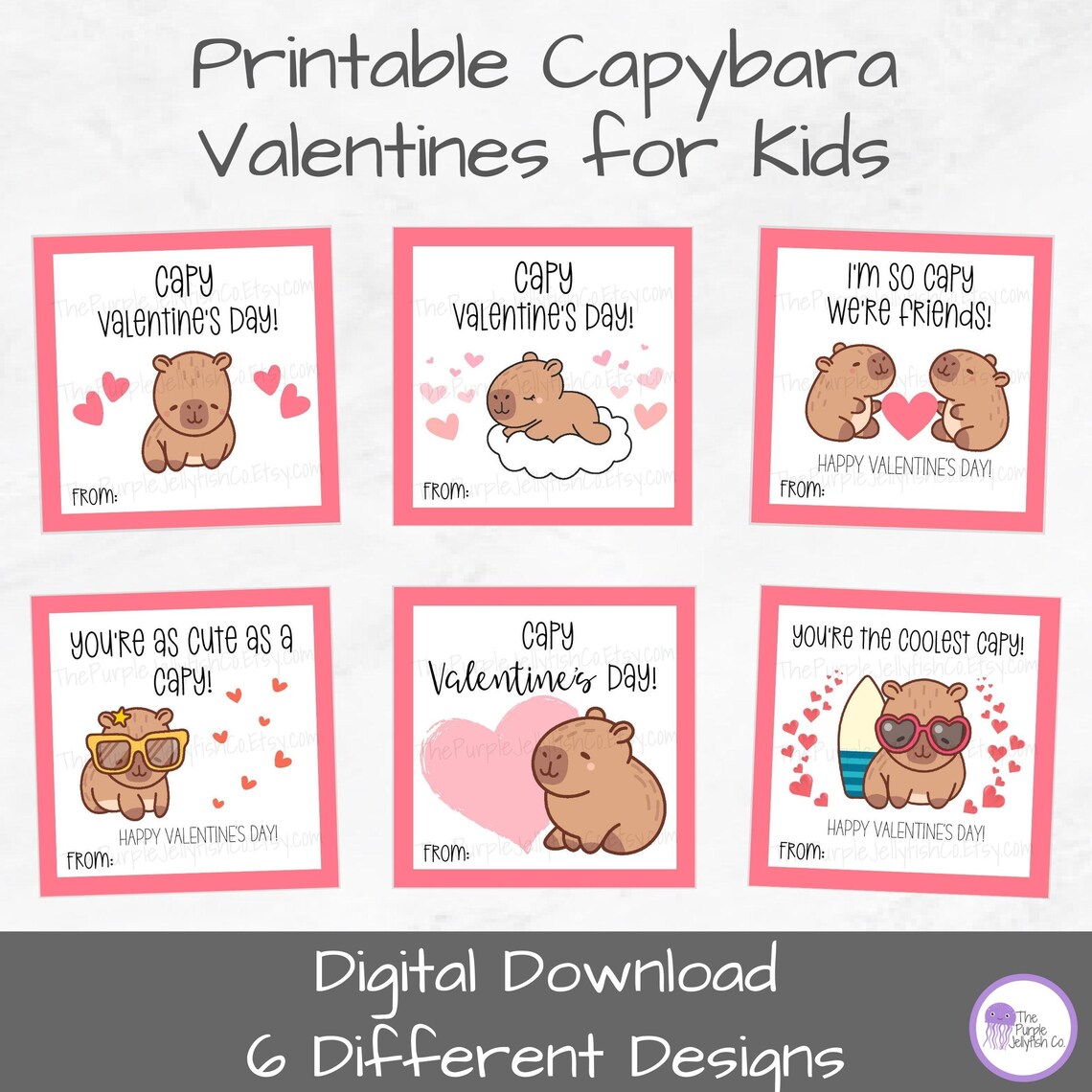Capybara Valentine Cards for Kids Classroom, Printable Valentines Tag ...