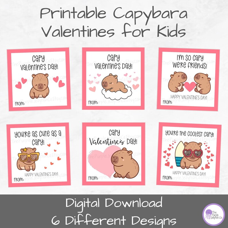 Capybara Valentine Cards for Kids Classroom, Printable Valentines Tag ...