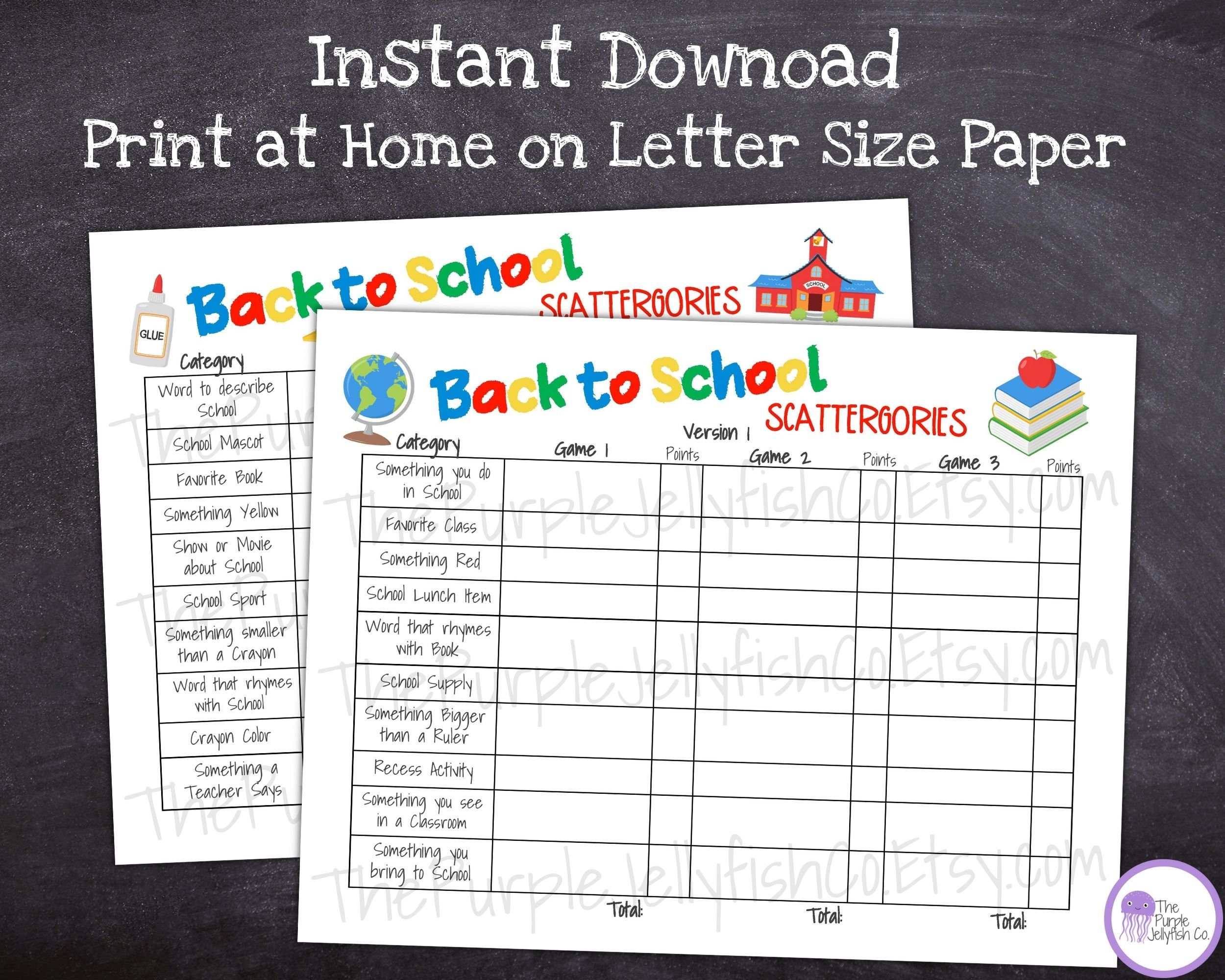 Back to School Scattergories Game Printable Kids First Day of School ...
