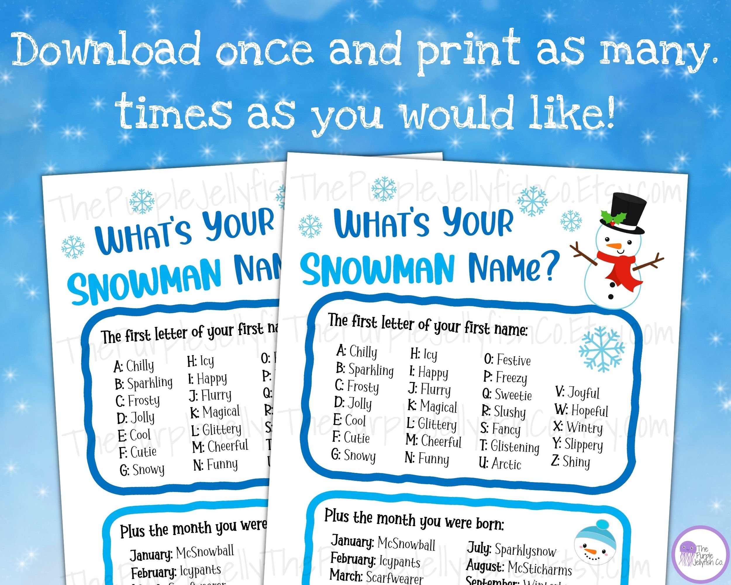 What's Your Snowman Name Game, Printable Winter Game for Kids, Snowman ...