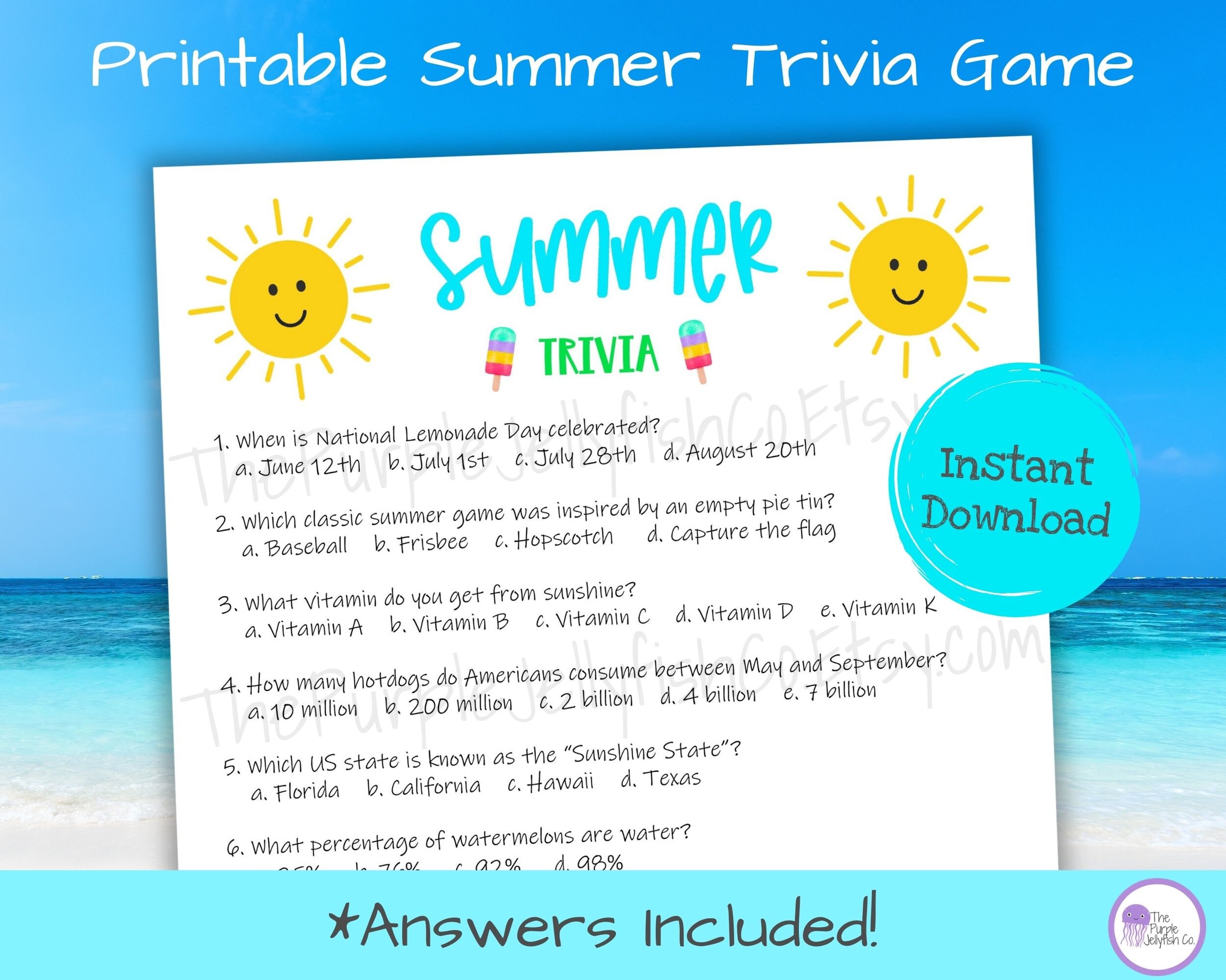 Summer Trivia Game, Printable Trivia Questions for Teens Adults Seniors ...