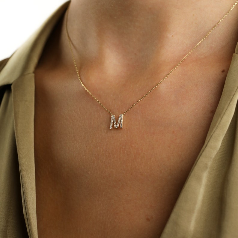 14K Solid Gold Diamond Initial Necklace - Etsy