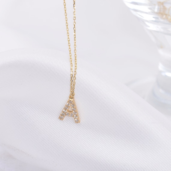 A Diamond Initial Necklace/ 14K Gold Diamond Initial Necklace/ | Etsy