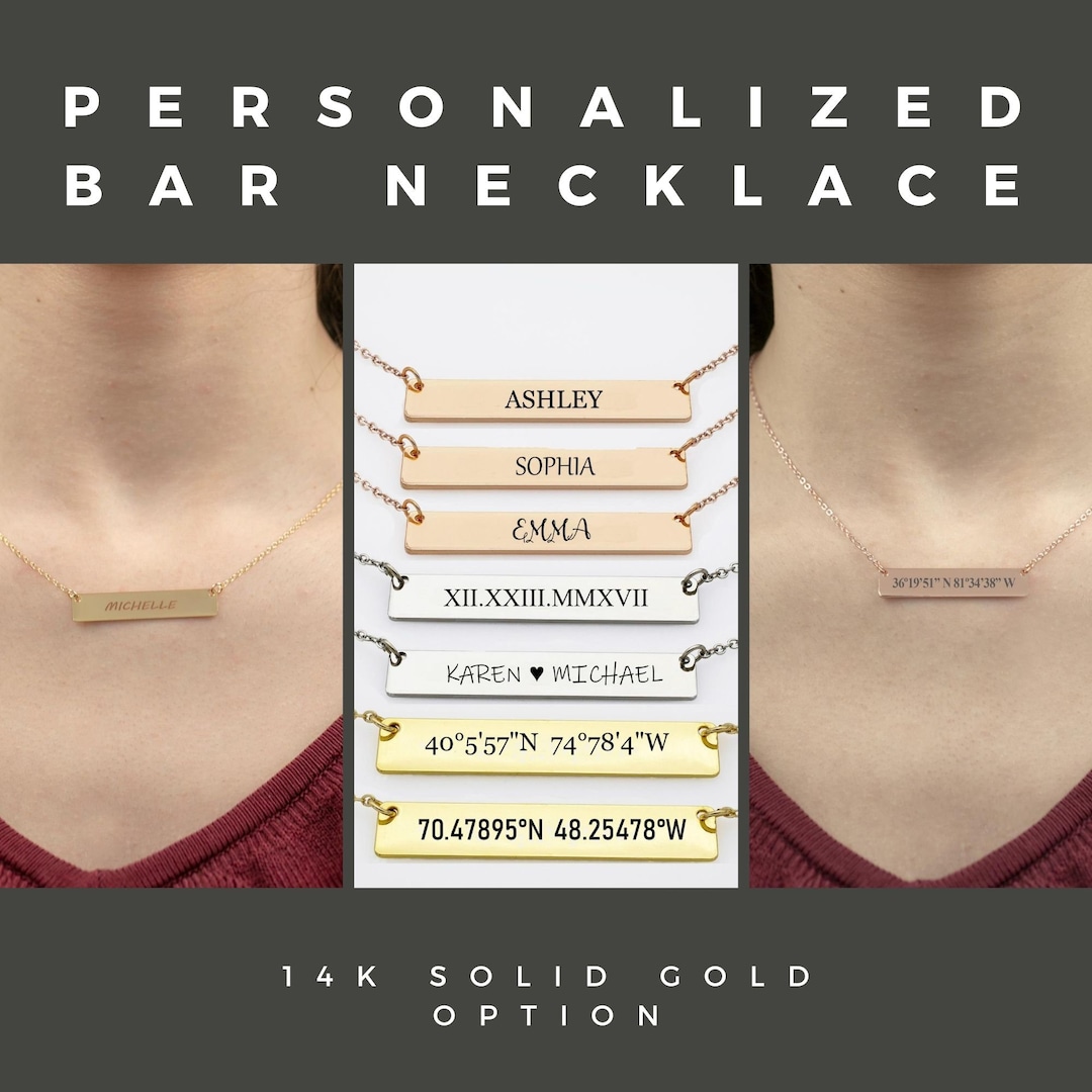 Personalized 14K Solid Gold Bar Necklace, Silver Gold Rose Necklace ...