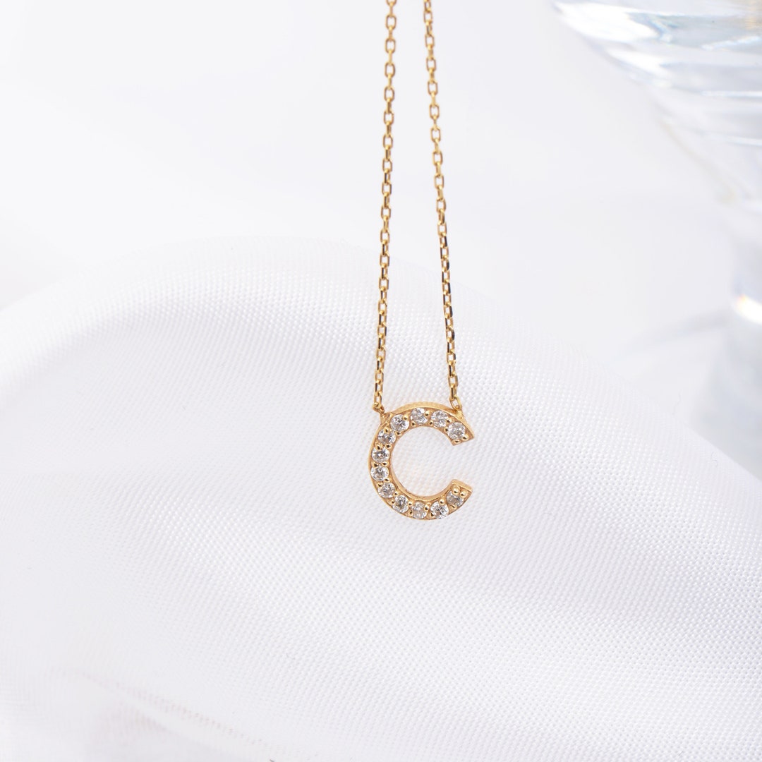 C Initial Diamond Necklace/ 14K Solid Gold Diamond Initial Necklace ...