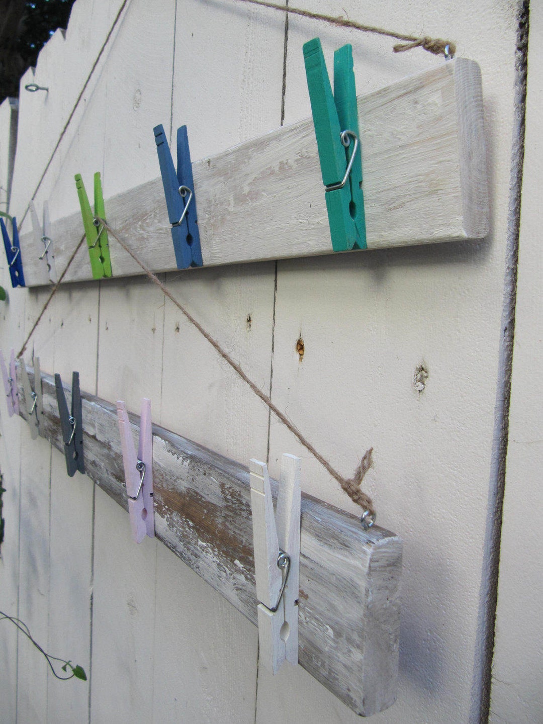 Custom Photo Display: Painted Clothespins, Weathered Wood Art Hanger - Etsy