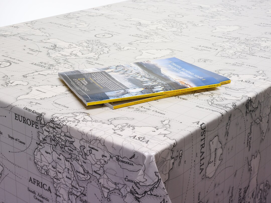 Oilcloth Wipe Clean Tablecloth Fabric - Grey Atlas / Map of the World ...