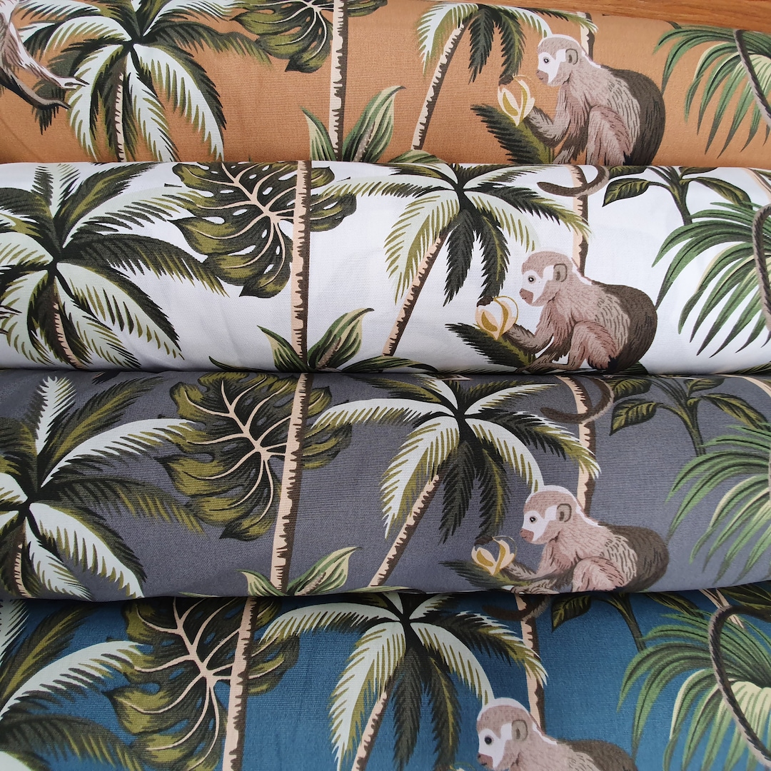 100% Cotton Fabric Monkey Fabric 4 Colours-natural, Ochre, Grey, Teal ...