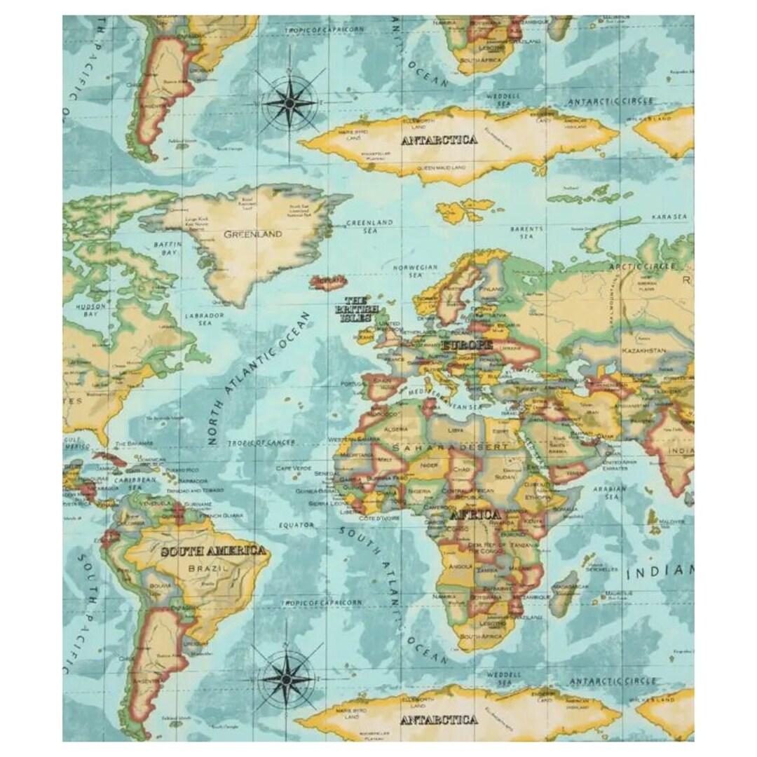 Oilcloth Wipe Clean Tablecloth Fabric - Azure Blue Map / World Atlas ...