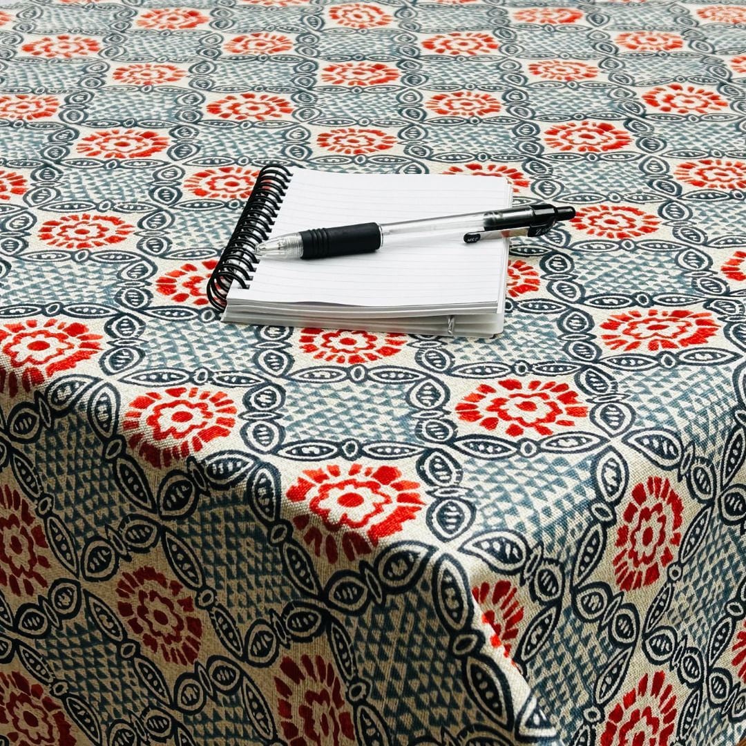 Oilcloth Wipe Clean Tablecloth Fabric - Multi Burnt Orange and Blue ...