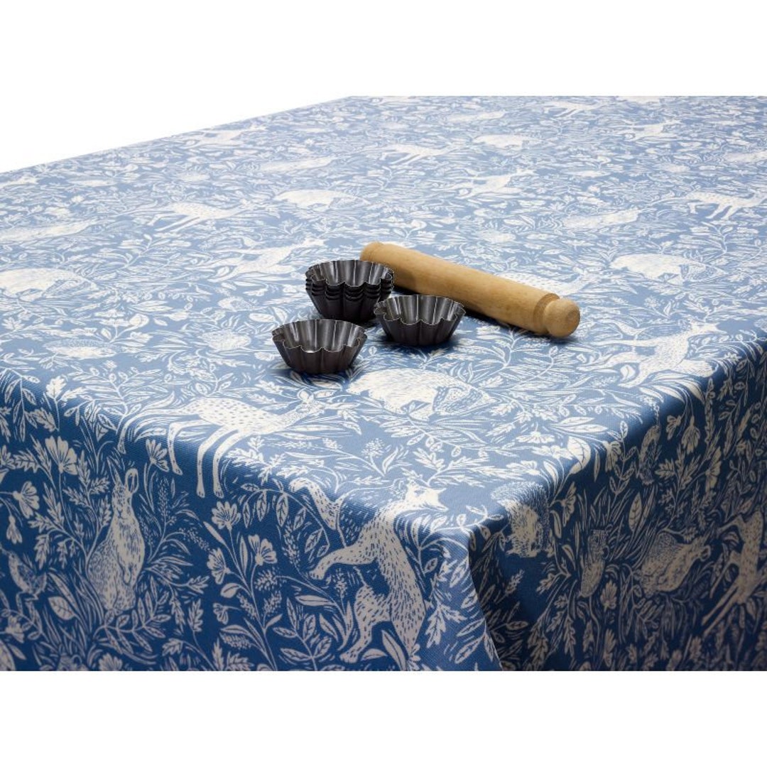 Oilcloth Wipe Clean Tablecloth Fabric - Dusky Blue Wild Animals - Round ...
