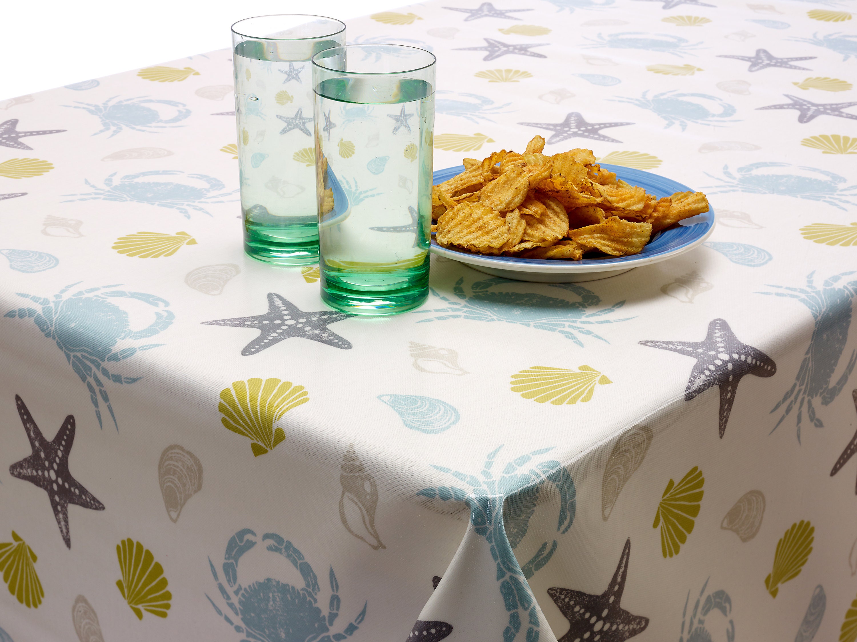 Oilcloth Wipe Clean Tablecloth Fabric - Duck Egg and Grey Seashells and ...
