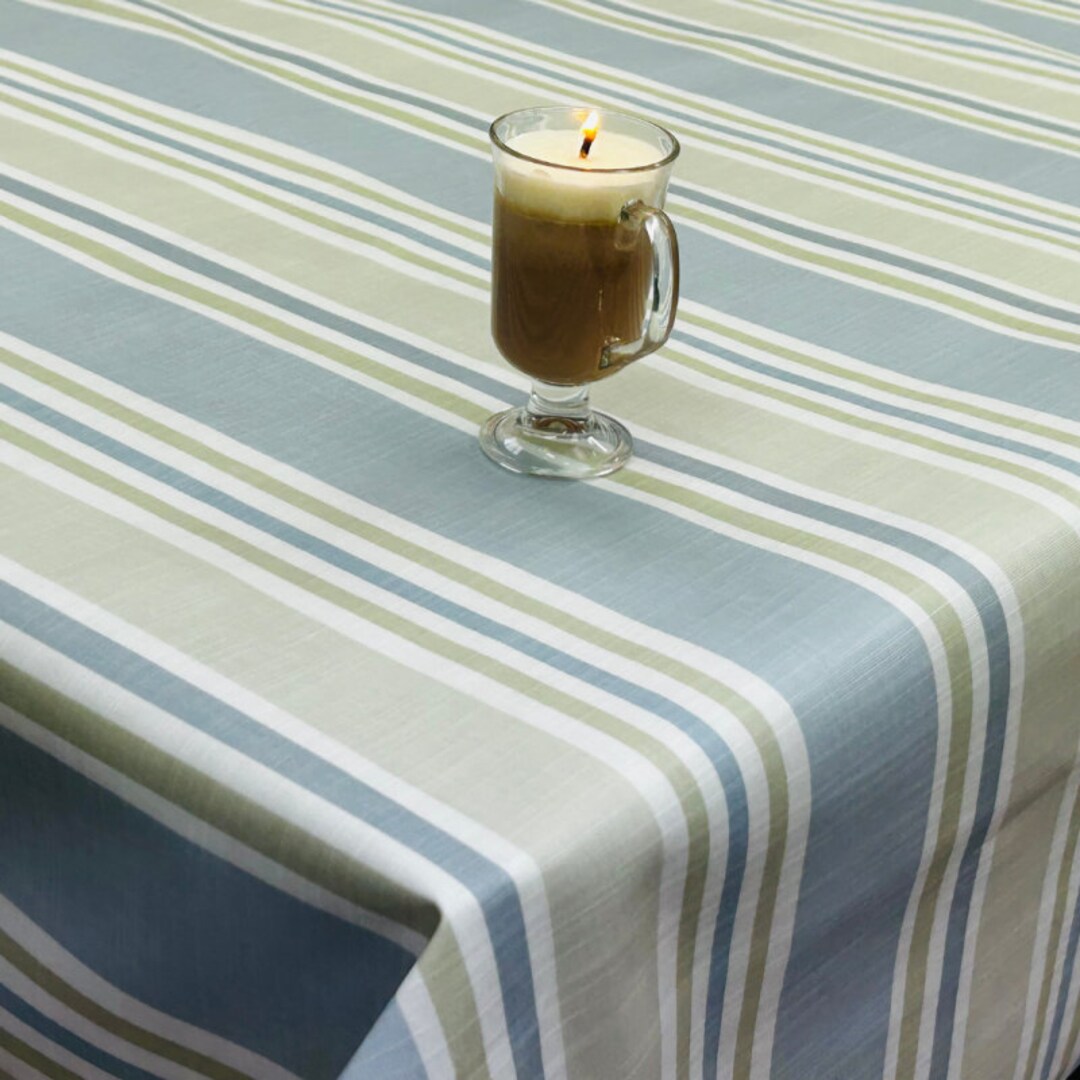 Oilcloth Wipe Clean Tablecloth Fabric, Sage and Powder Blue Stripes ...