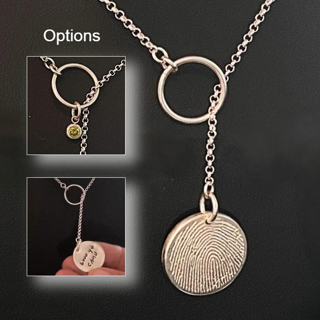 Lariat Style Fingerprint Necklace, Sterling Silver, Add Handwriting or ...