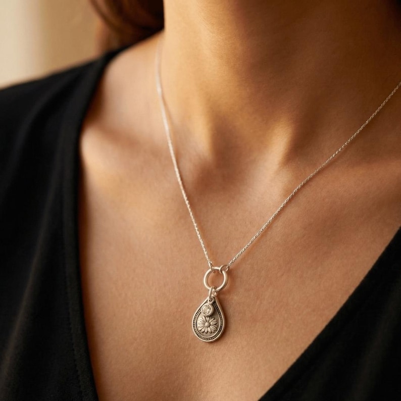 April Birth Flower Necklace – Sterling Teardrop Shape Daisy Charm With ...