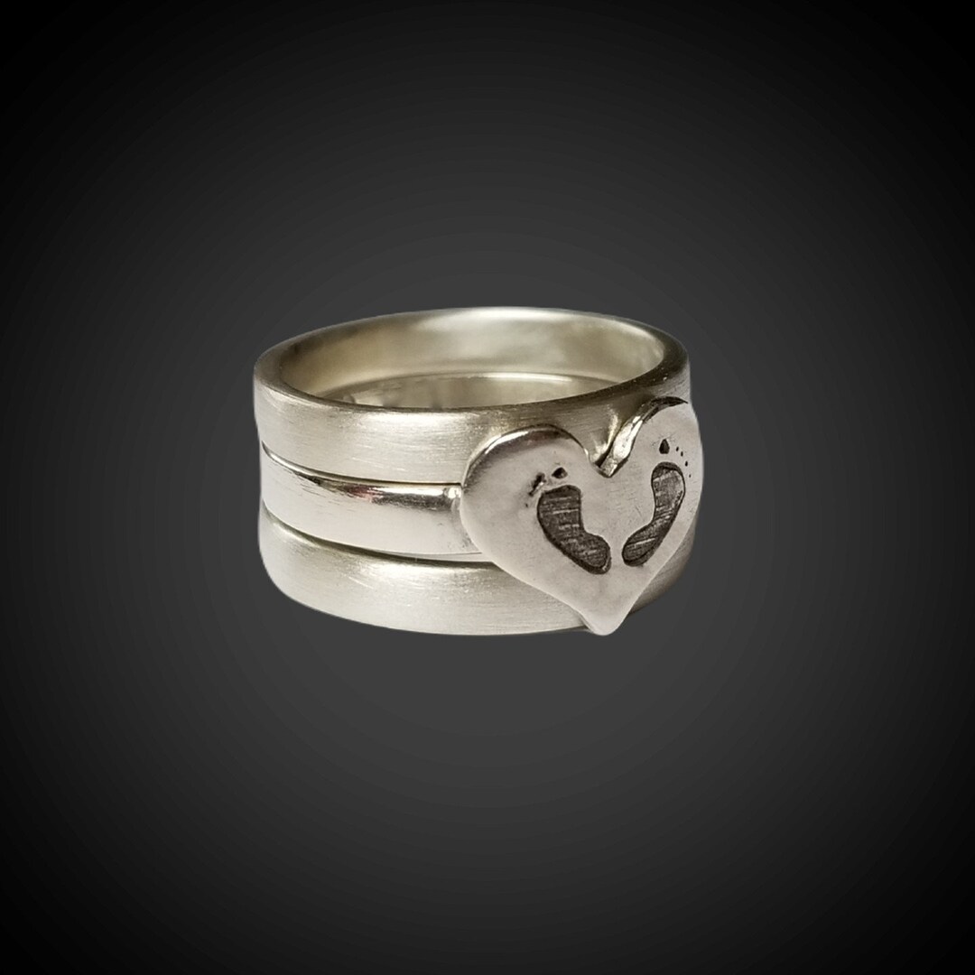 Sterling Baby Footprint Ring, Wide Stacking Bands, Heart Shape Imprint ...