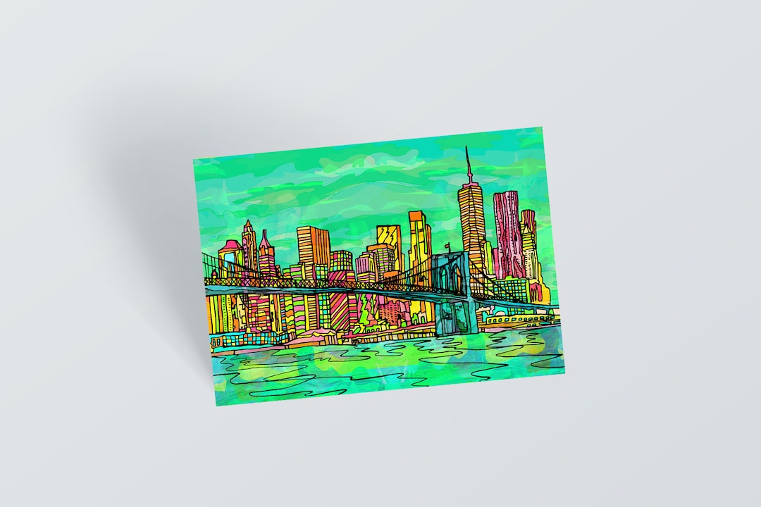 Psychedelic New York City Skyline Postcard: Brooklyn Bridge Art Print ...