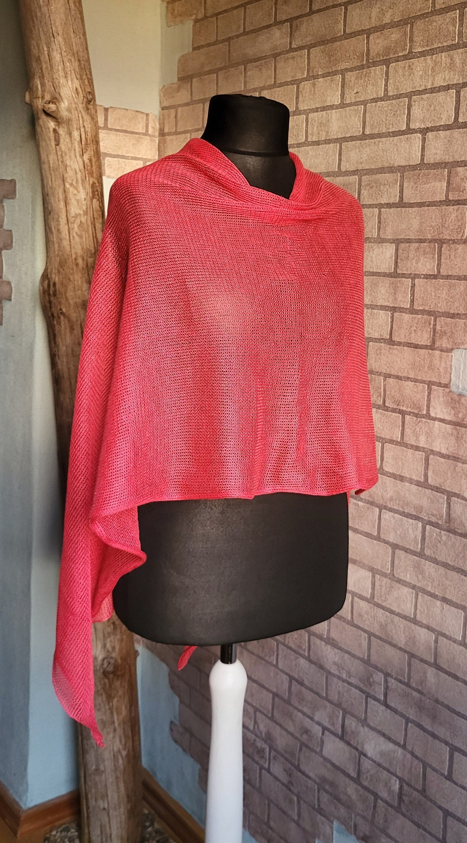 Lightweight Poncho, Linen Wrap, Sheer Poncho, Summer Poncho, Asymmetric Cape, Red Shawl, Evening ...