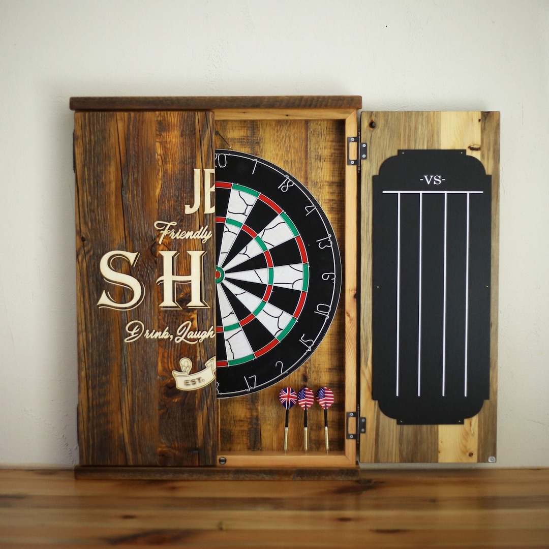 Personalized Dart Board Cabinet, Reclaimed Wood Dart Board Backer ...