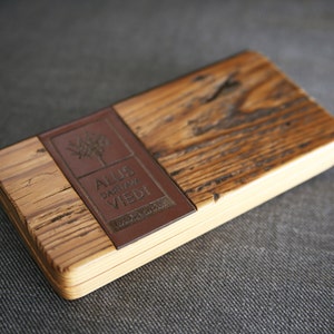 Set of 5 Handcrafted Reclaimed Pine Wood Check Presenter, Leather ...